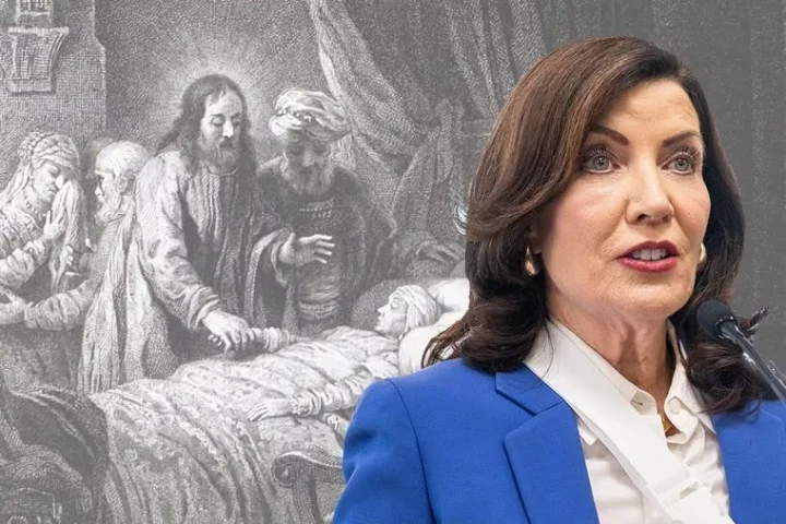 New York Gov. Kathy Hochul. Background: “Christ Raises Jairus’ Daughter ...
